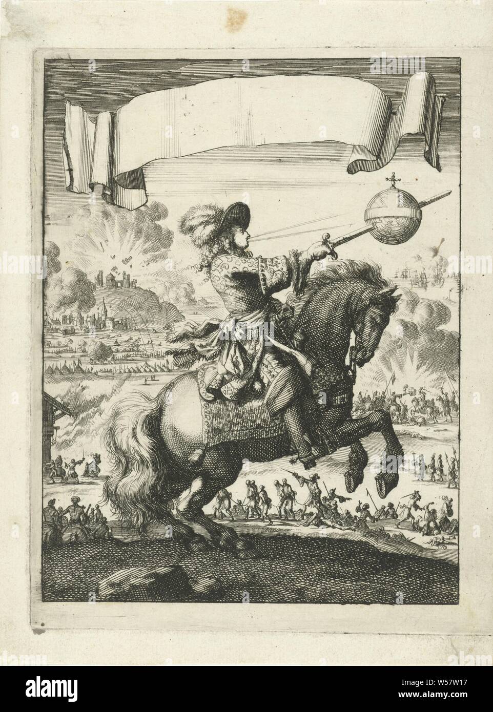 Louis XIV on horseback spikes a globe on his sword, riding a horse, ass ...