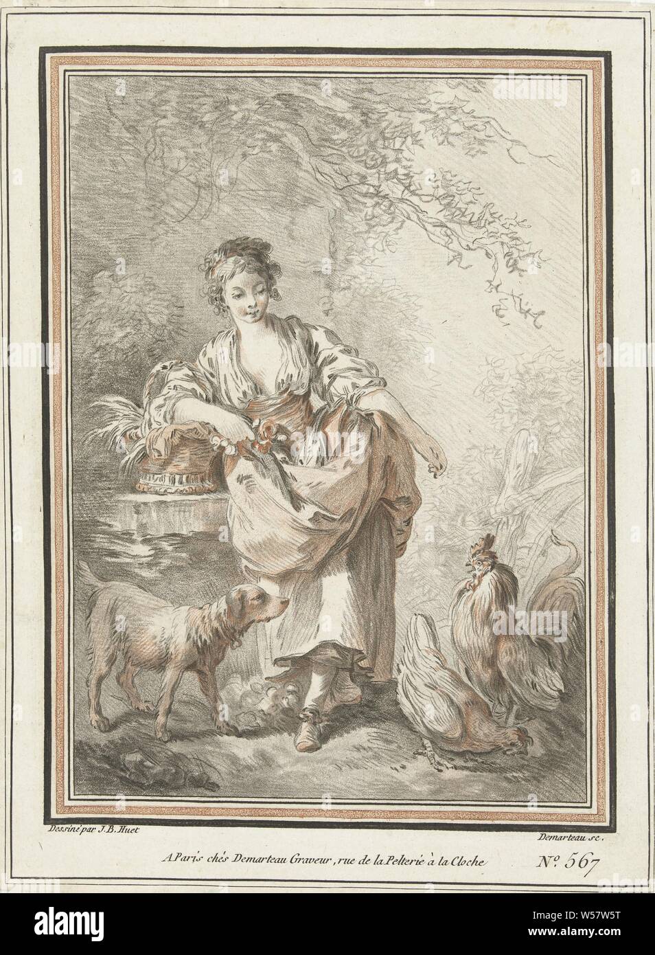 Young woman with dog and rooster and hen, dog, adolescent, young woman ...