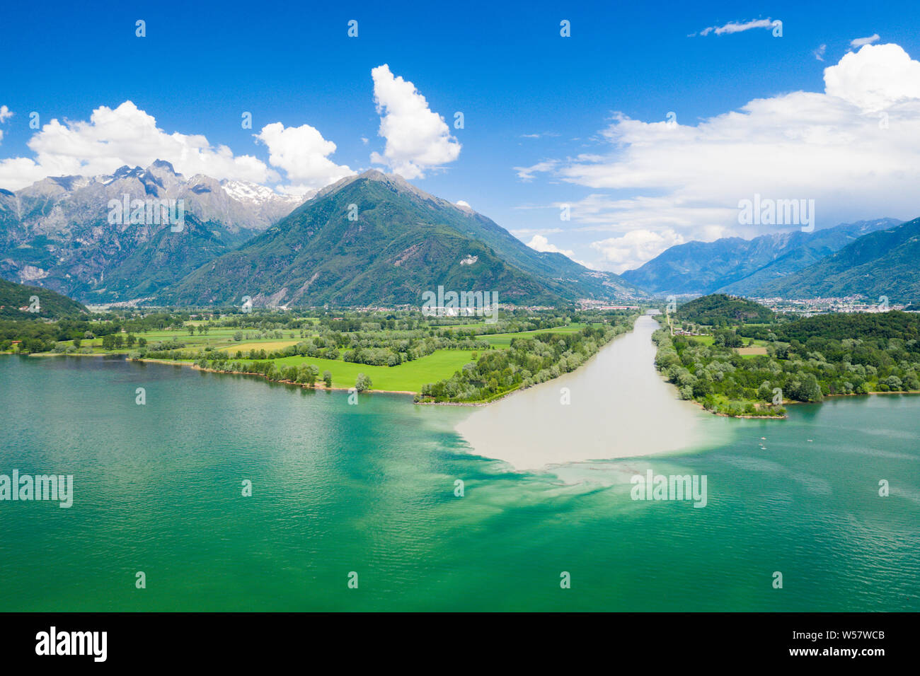Aerial view of River Adda flowing into Lake Como, Trivio di Fuentes ...
