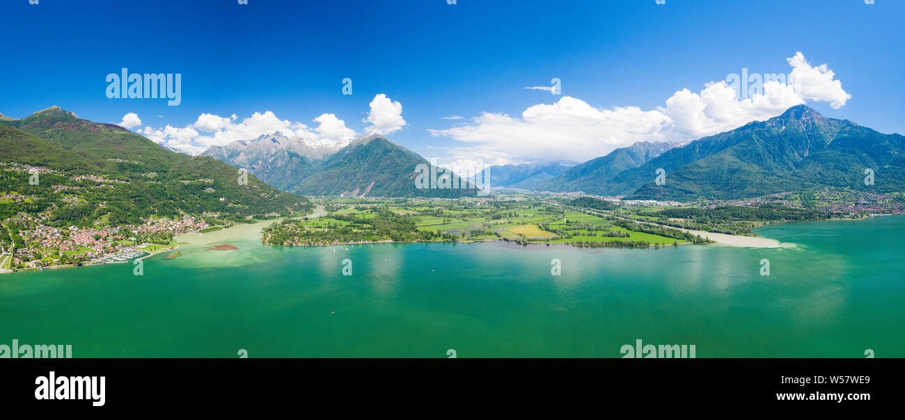 Aerial panoramic of River Adda flowing into Lake Como, Trivio di ...