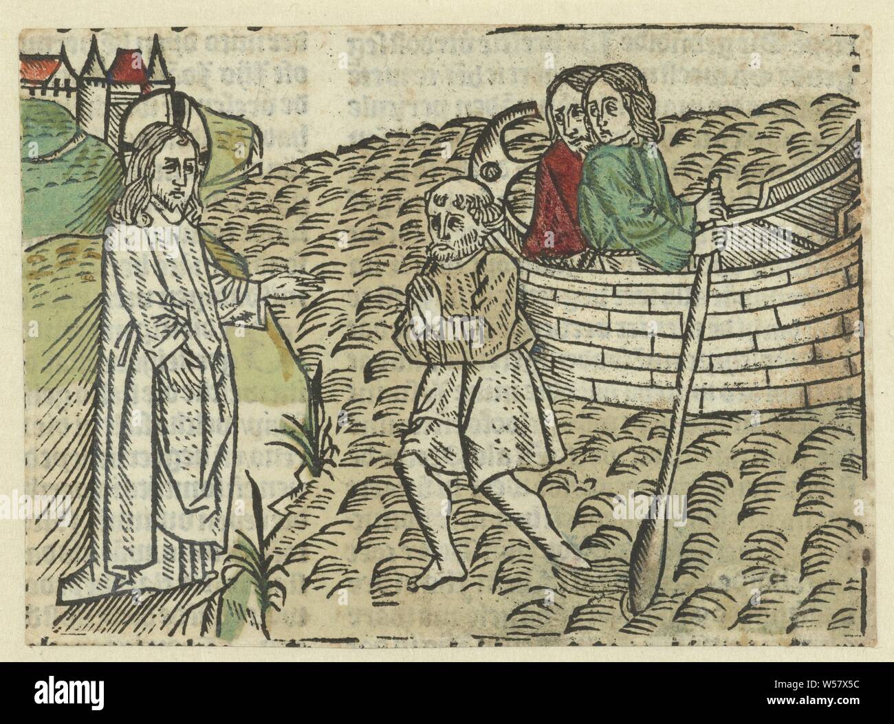 Peter walks on the water to Christ, Two men in rowing boat. Peter walks ...
