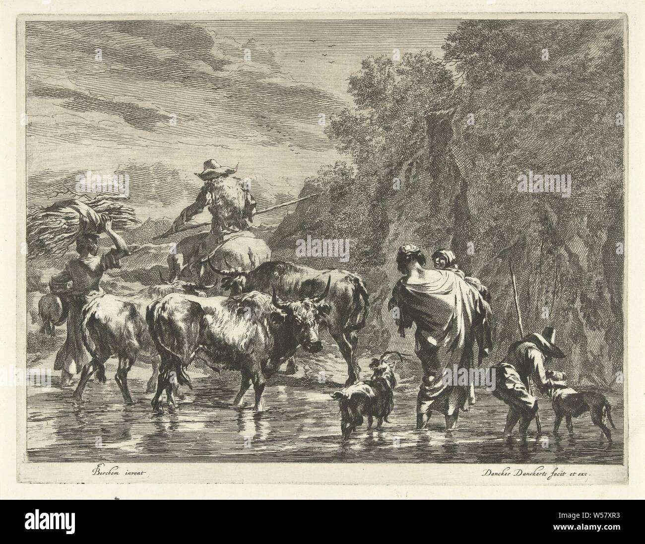 Shepherds wade with herd of cows through brook Southern landscapes ...