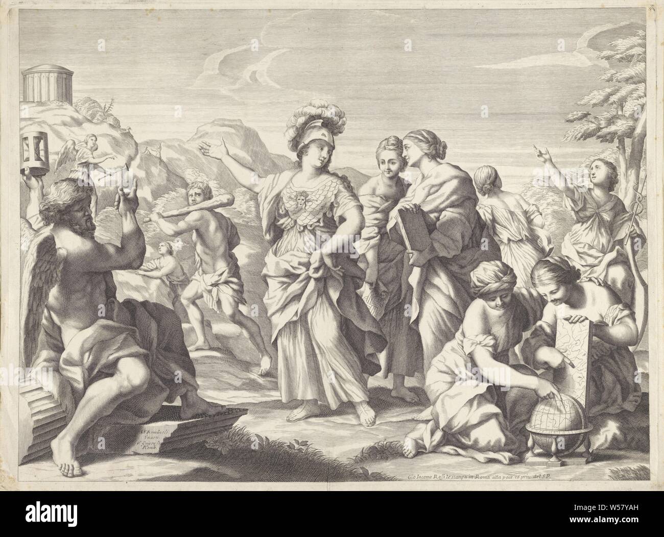 Minerva, Minerva stands in a landscape and points to a round temple on ...