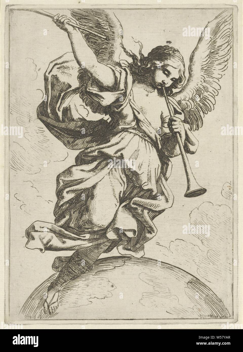 Fame, The winged fame standing on a globe, blowing on a trumpet, 'Fama ...