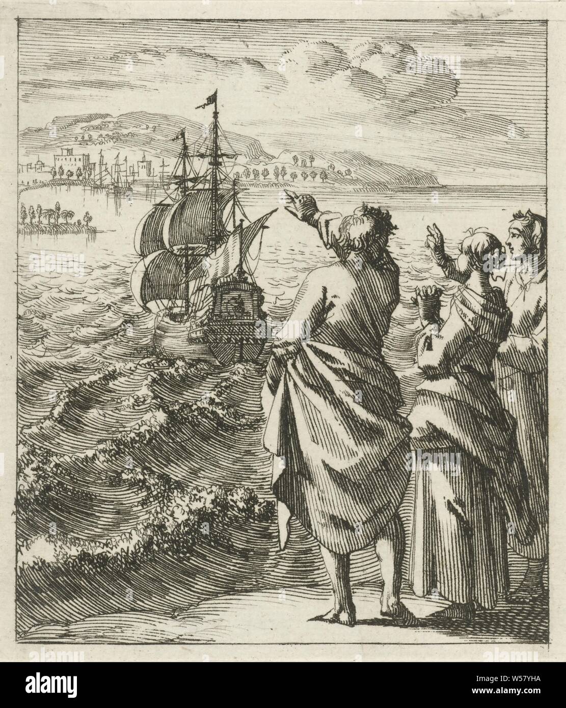 Three figures wave goodbye to a sailing ship On the other side, it is ...