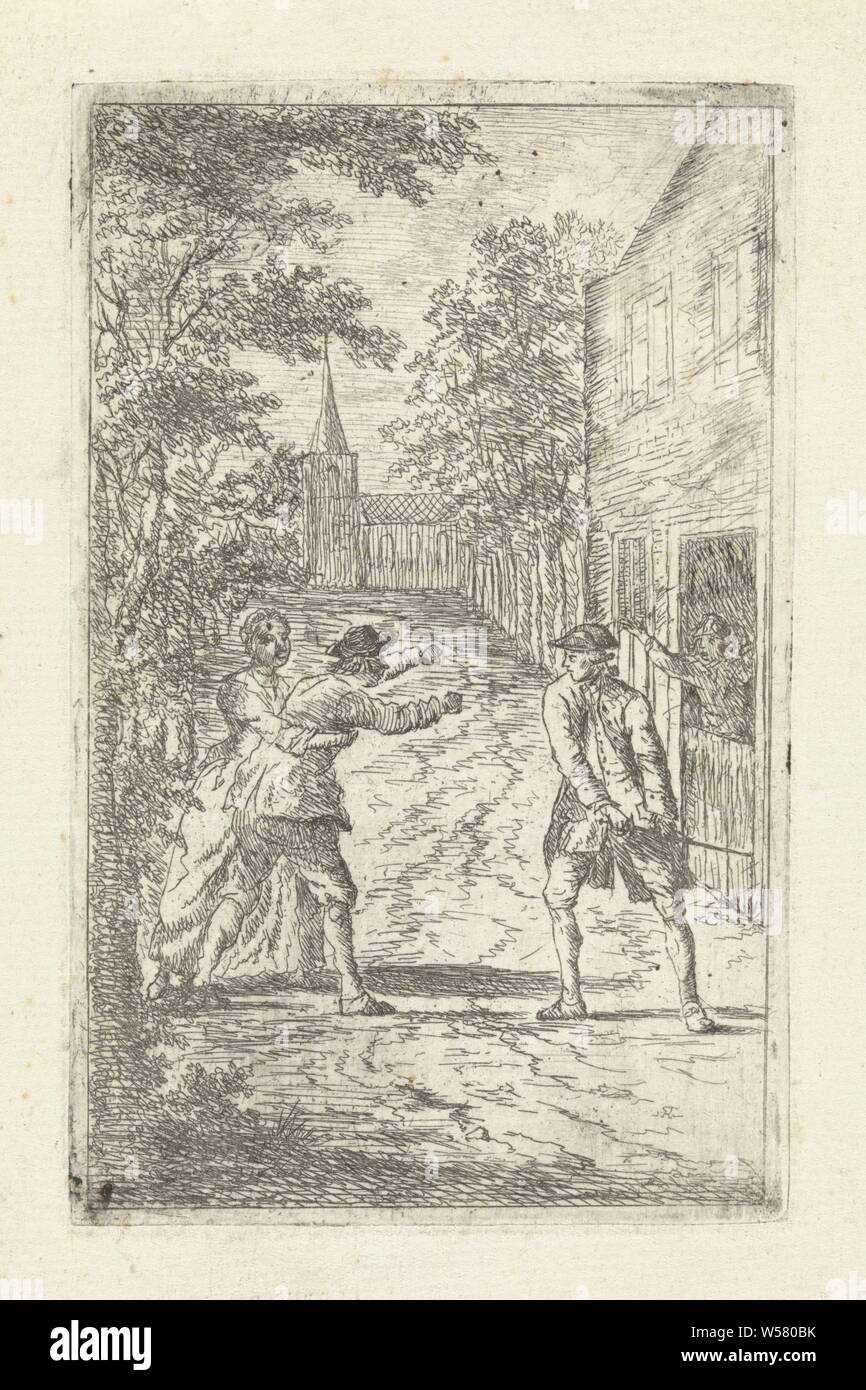 Street Fight, Street Scene with Two Fighting Men. A woman is trying to ...