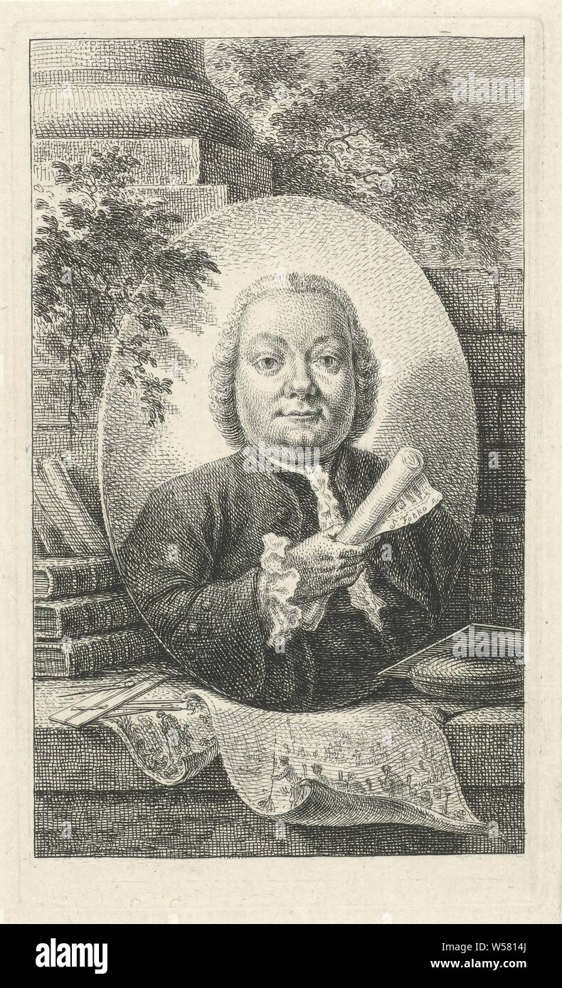 Self-portrait of Simon Fokke, Self-portrait of Simon Fokke with a roll ...