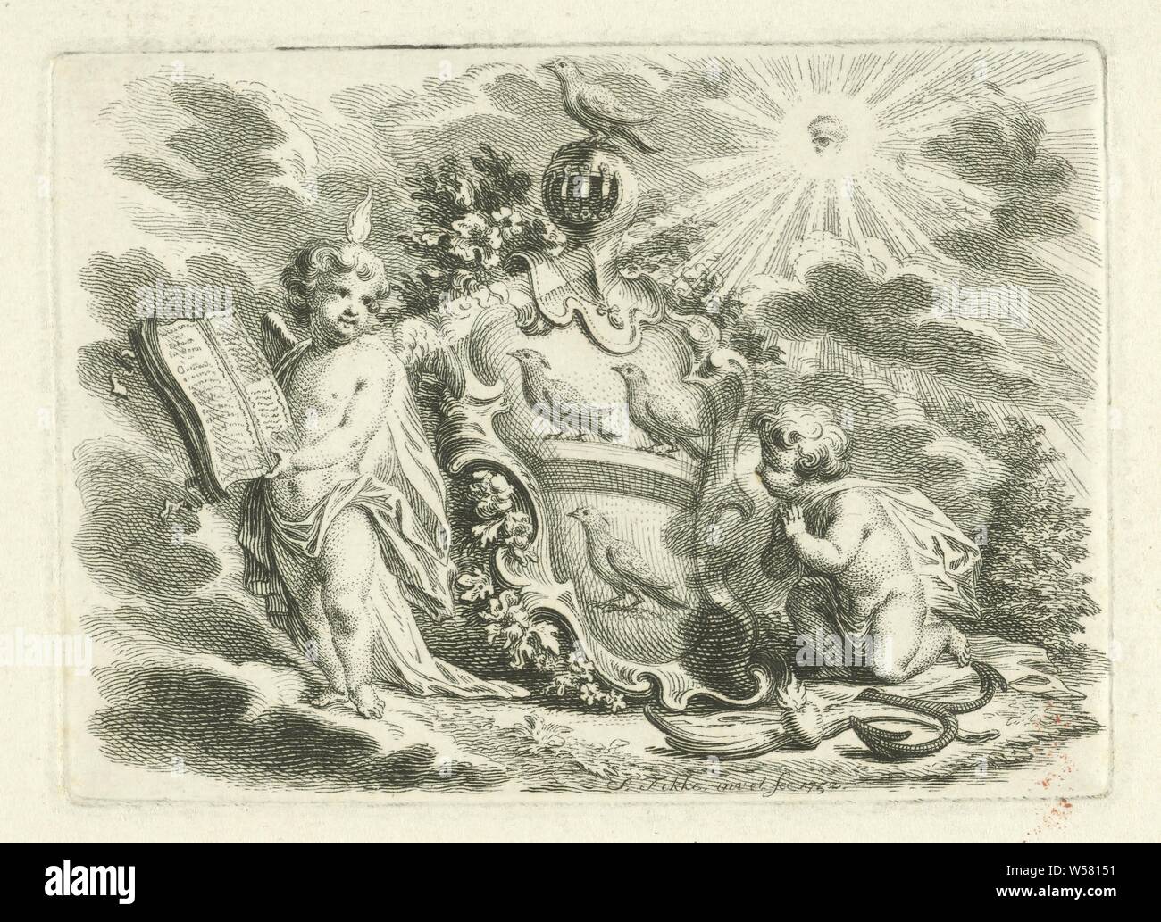 Two putti with a helmeted coat of arms, Two putti with a helmeted coat ...
