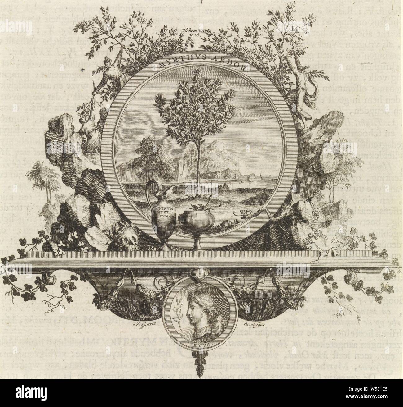 Emblem: myrtle tree Myrthus Arbor (title on object), A landscape with a ...