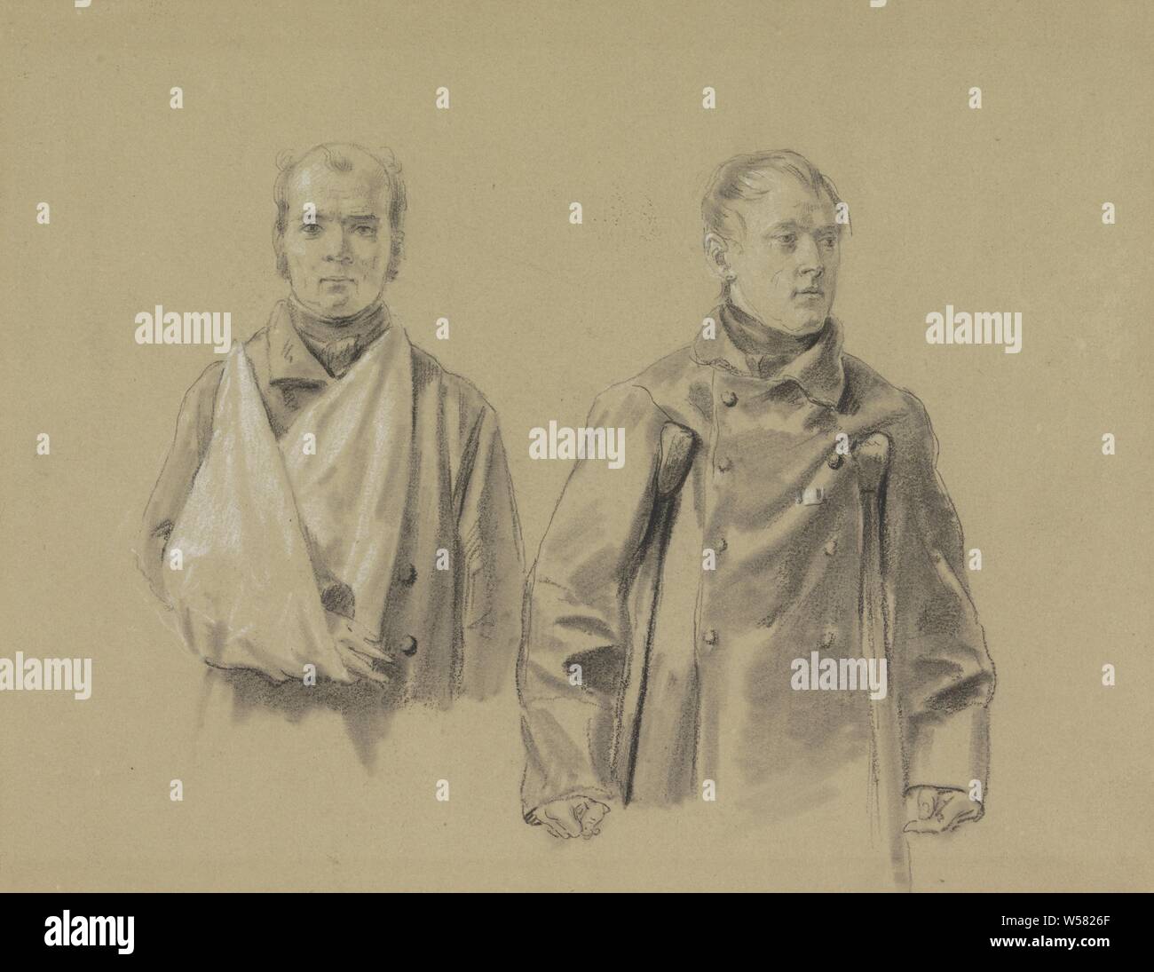 Two wounded soldiers, the left with his arm in a sling, the right on ...