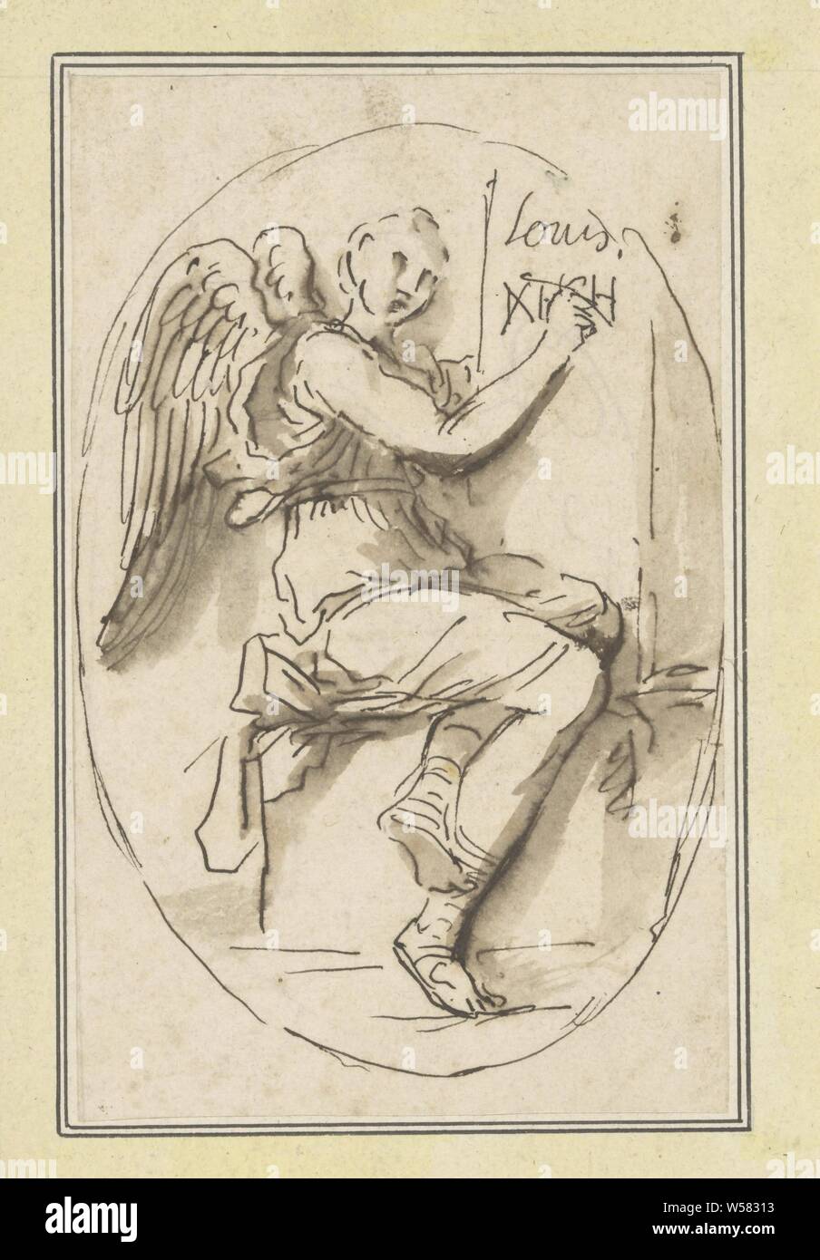 Writing angel, France, 1770 - 1799, paper, ink, brush, h 175 mm × w 110 ...