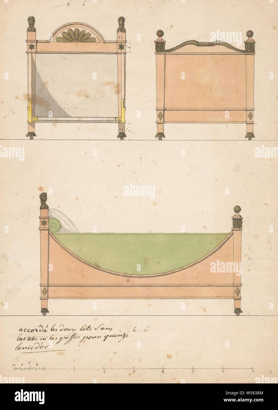 Design for a bedstead, Design for back wall, front and side view of a ...