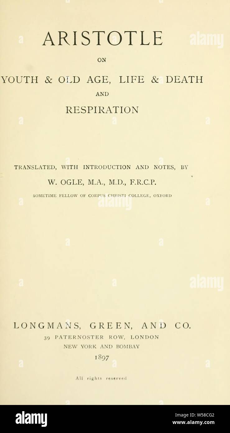 Aristotle on youth & old age, life & death and respiration : Aristotle ...