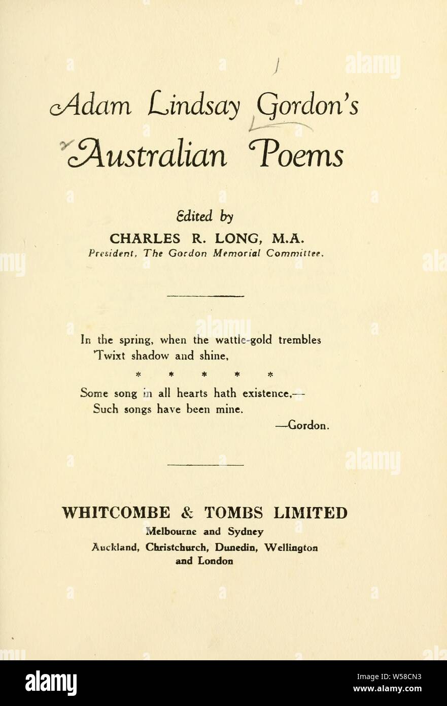 Australian poems; : Gordon, Adam Lindsay, 1833-1870 Stock Photo - Alamy