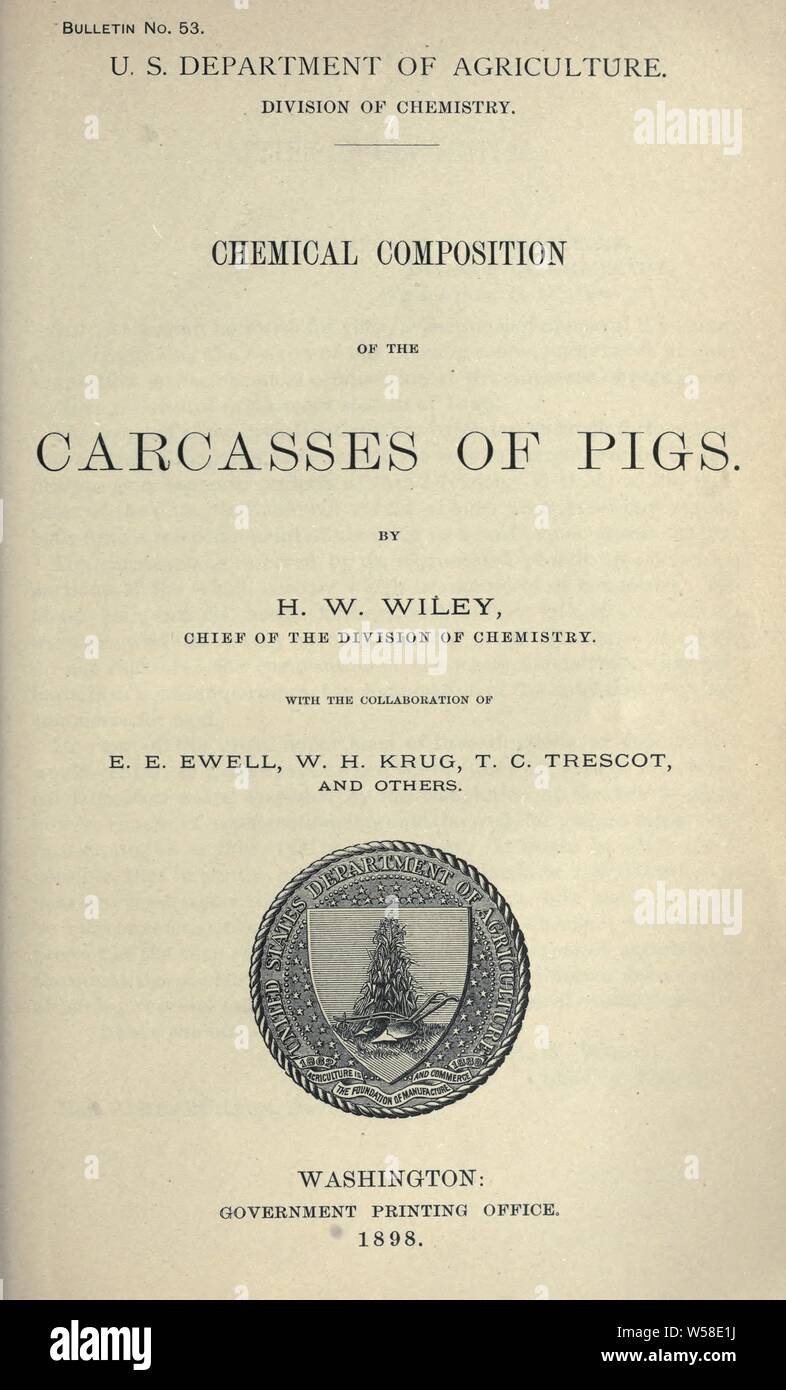 Chemical composition of the carcasses of pigs : Wiley, Harvey Washington, 1844-1930 Stock Photo ...