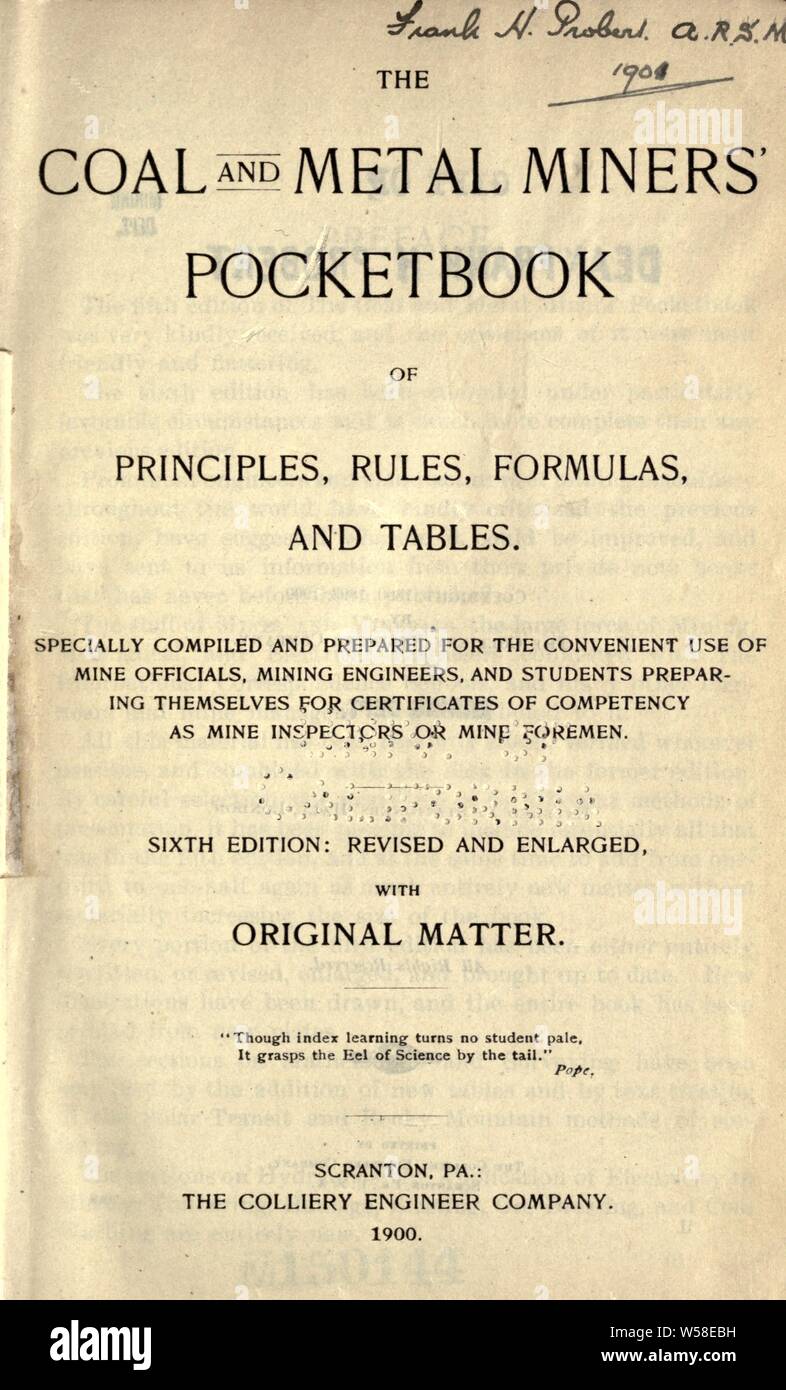 Coal and metal miners' pocketbook of principles, rules, formulas, and ...