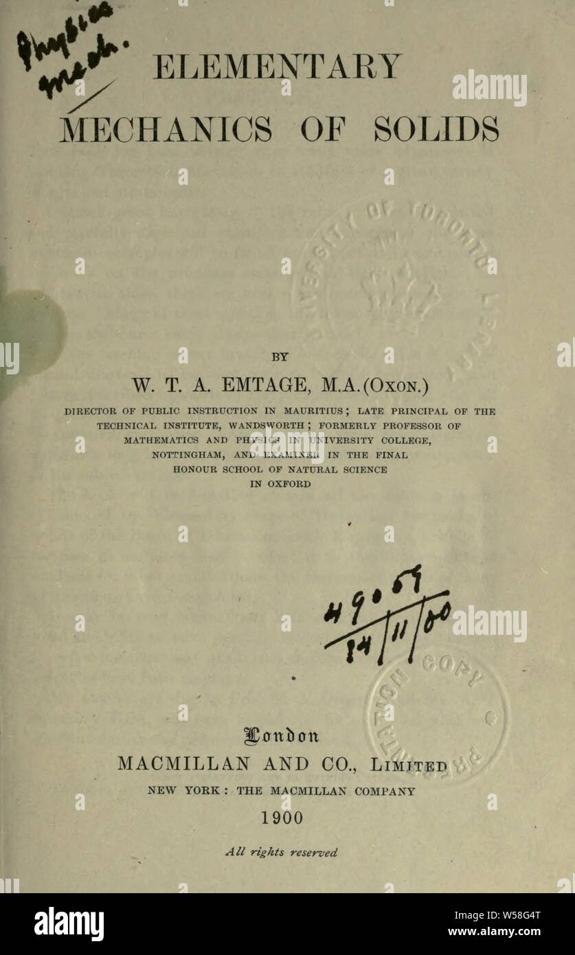 Elementary mechanics of solids : Emtage, William Thomas Allder, 1863 ...