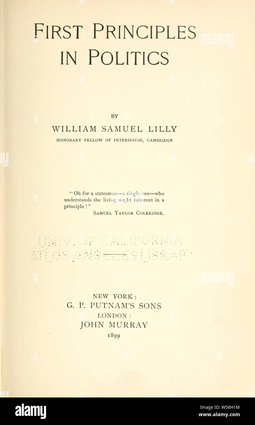 First principles in politics : Lilly, William Samuel, 1840-1919 Stock ...