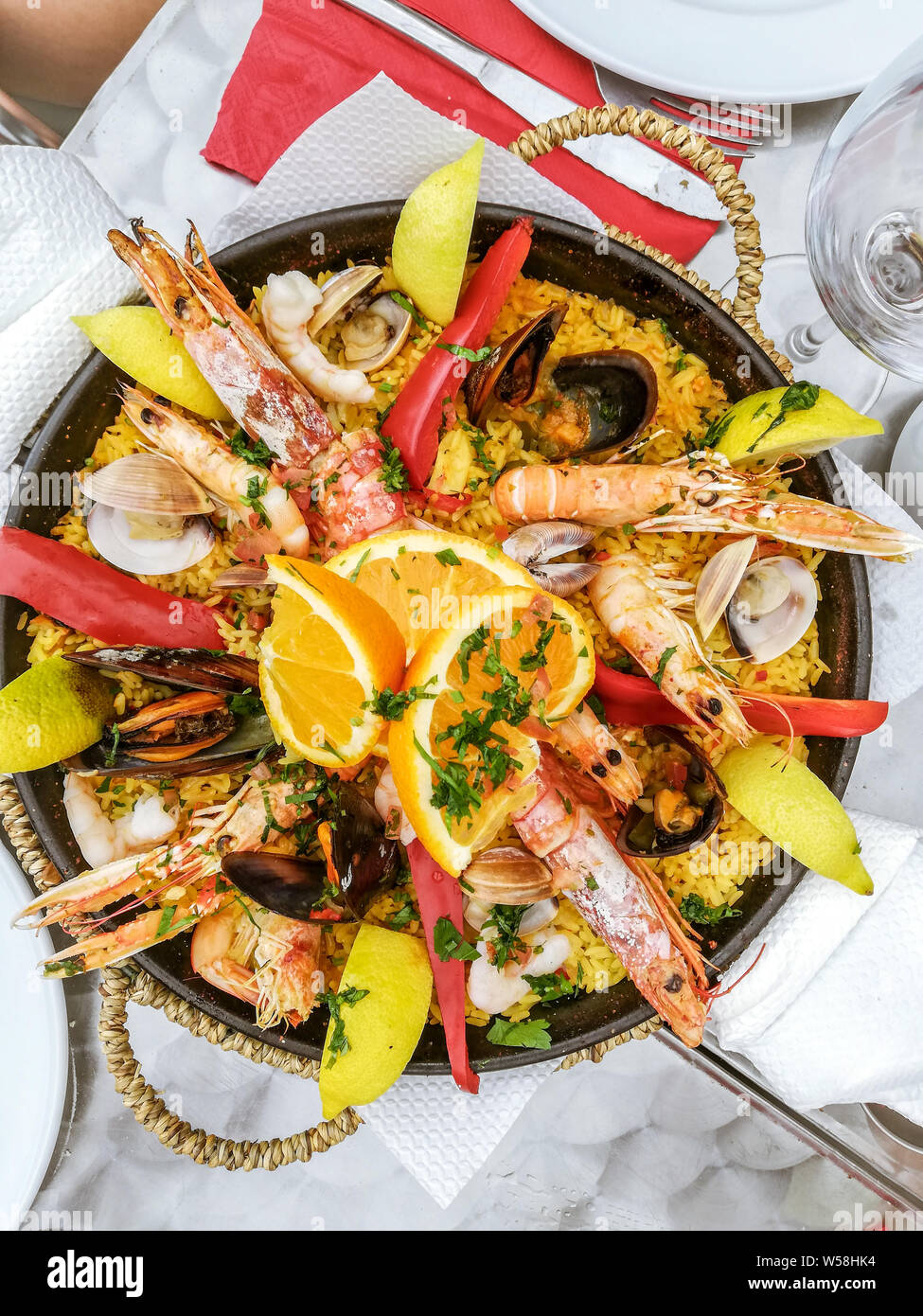 Beautiful colorful seafood dish Fresh shrimp, mussels caught and cooked ...