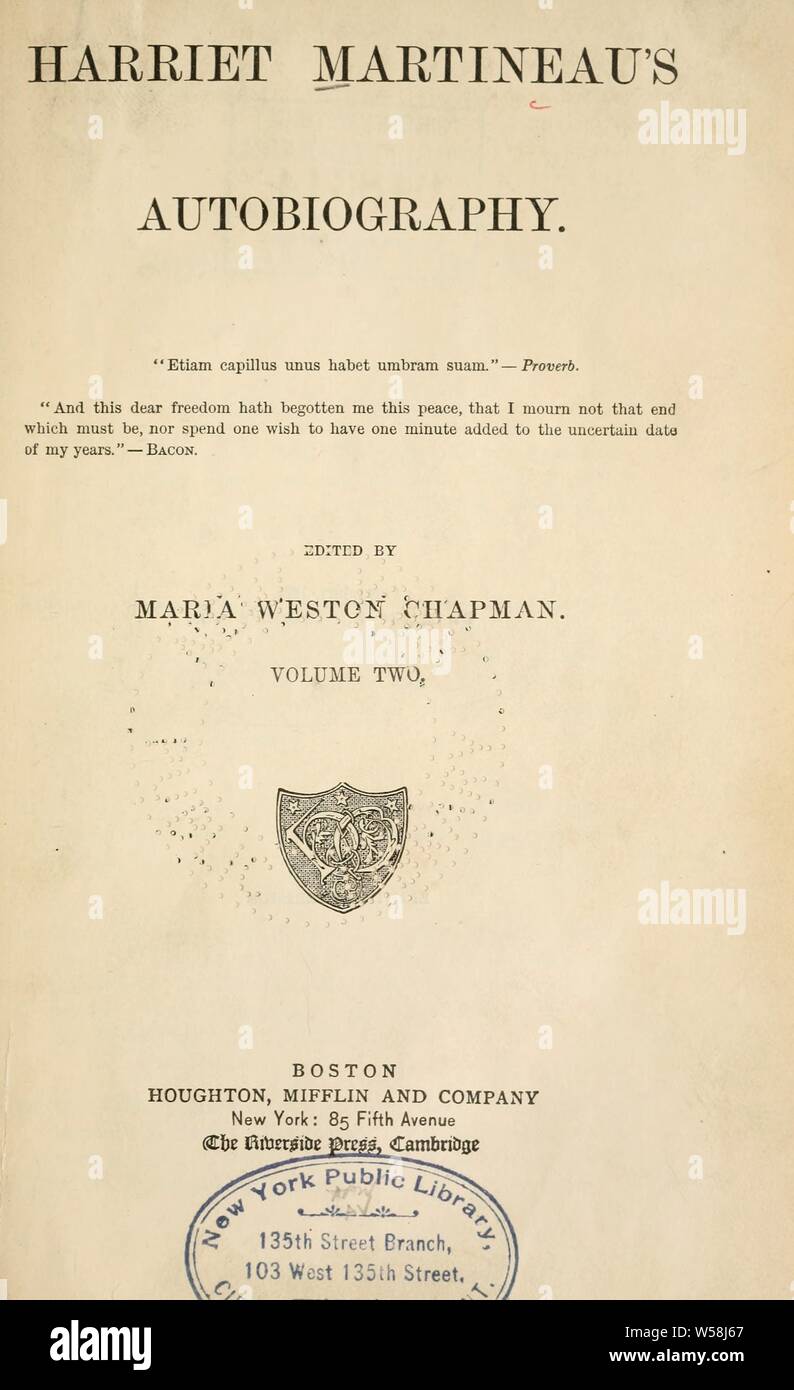 Harriet Martineau's autobiography .. : Martineau, Harriet, 1802-1876 ...