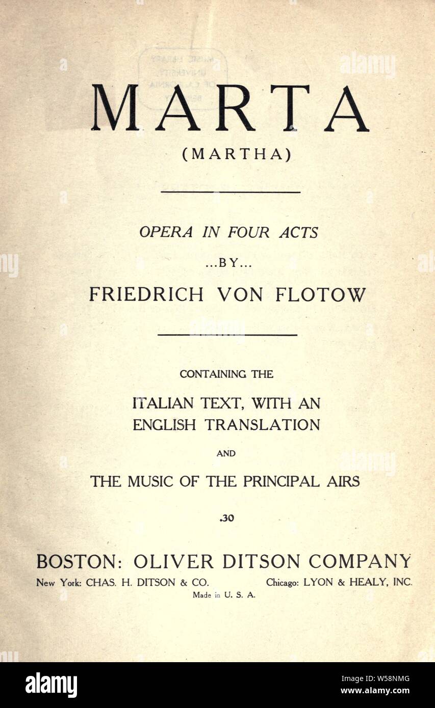 Marta = Martha : opera in four acts : Flotow, Friedrich von, 1812-1883 ...