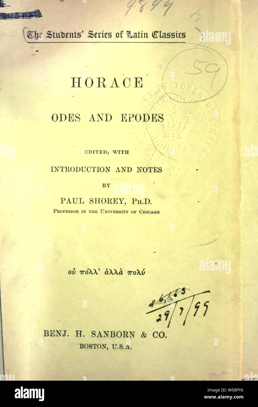 Odes and epodes. Edited, with introd. and notes : Horace Stock Photo ...