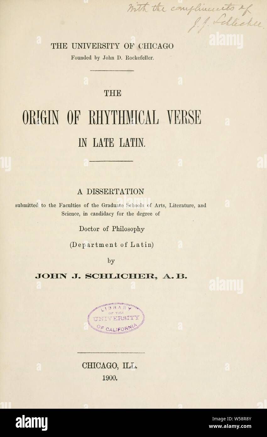 The origin of rhythmical verse in late Latin .. : Schlicher, John Jacob ...
