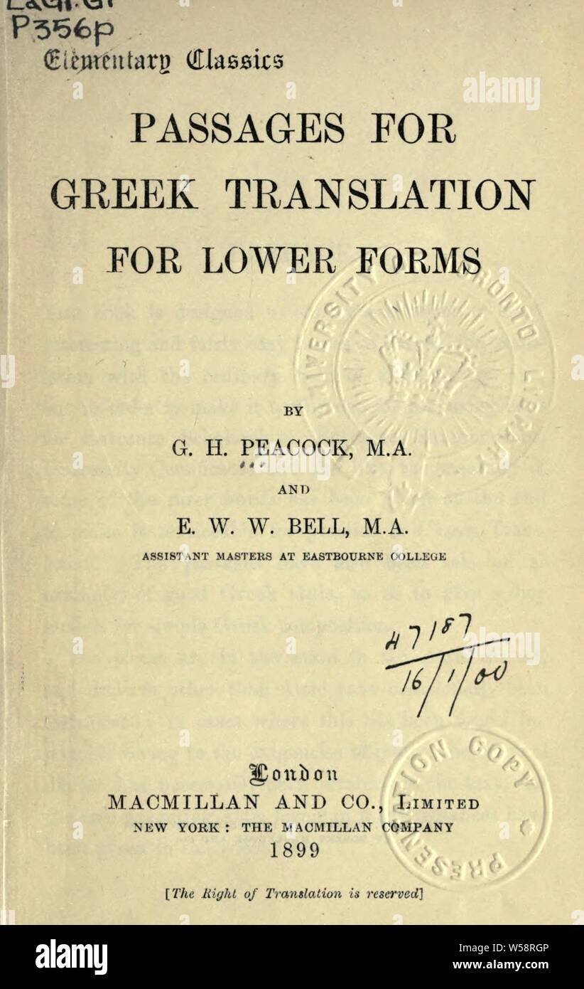 Passages for Greek translation for lower forms : Peacock, G. H Stock ...