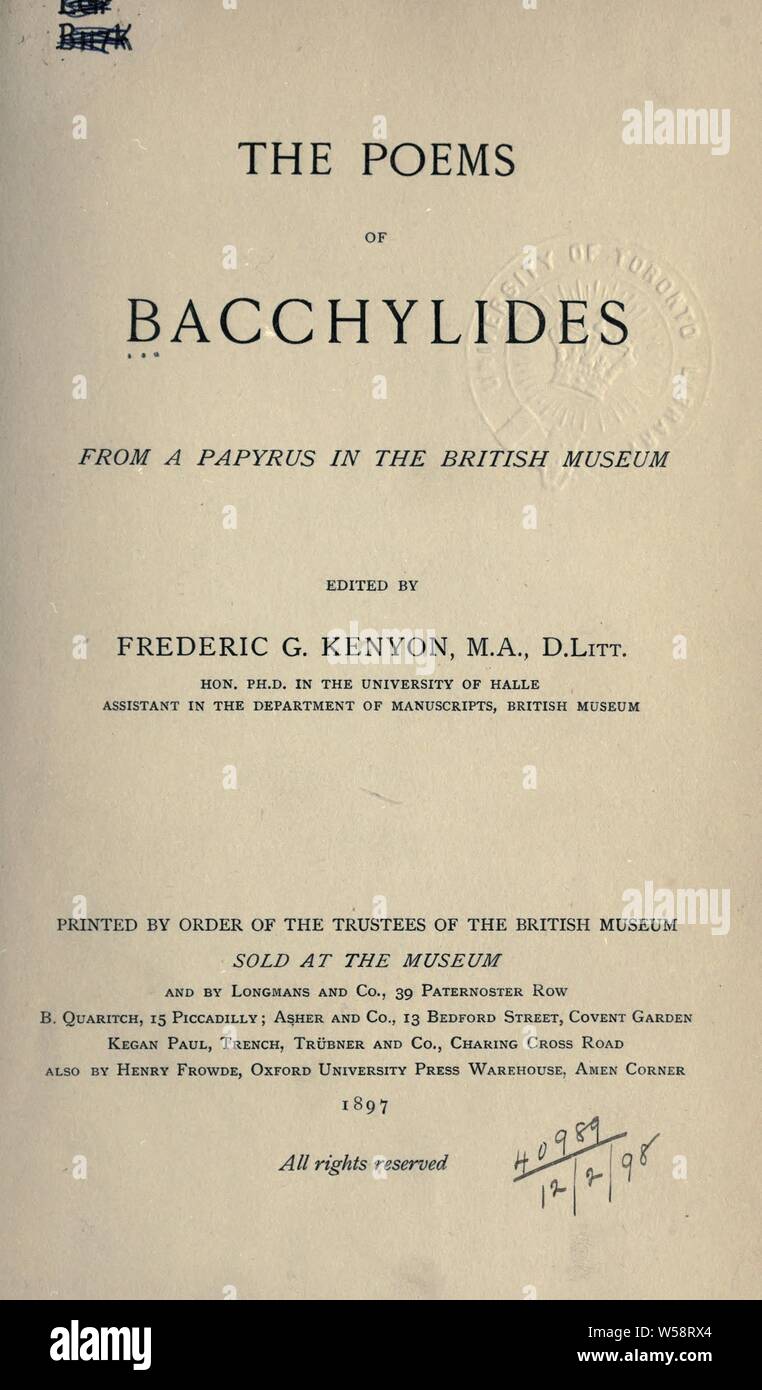 Poems; from a papyrus in the British Museum : Bacchylides Stock Photo ...