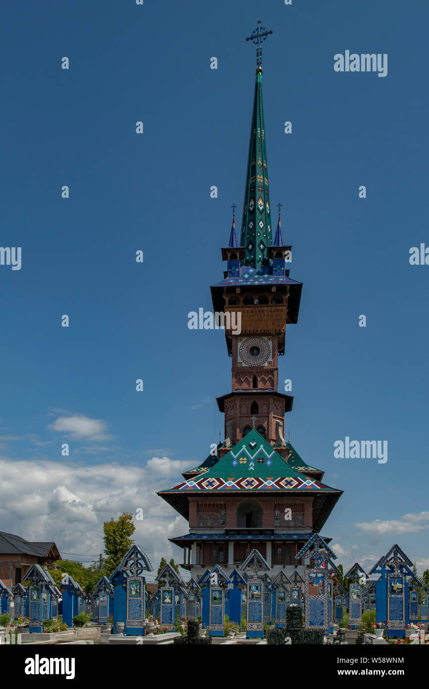 Merry Cemetery and Church of Assumption, Sapanta, Maramures Stock Photo ...