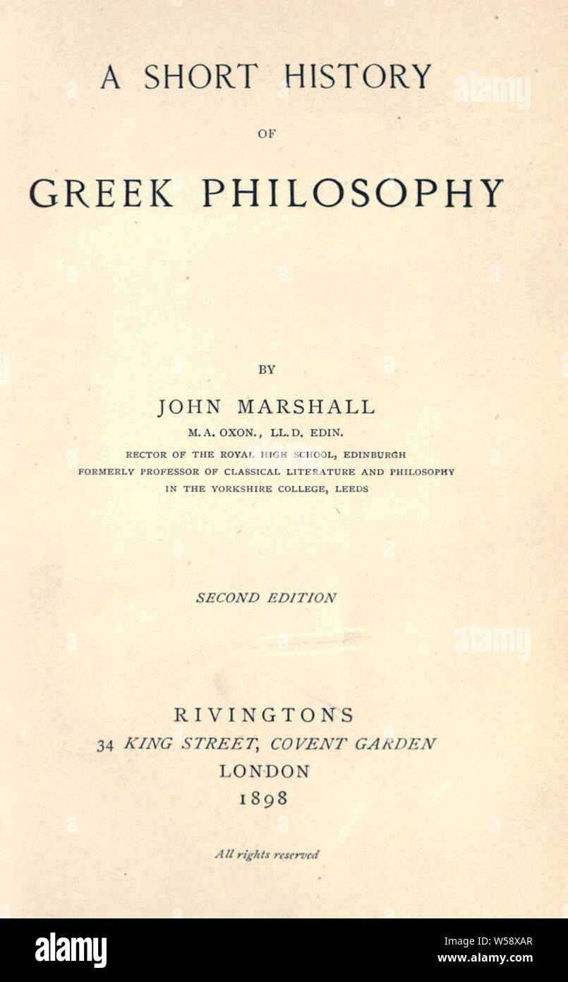 A short history of Greek philosophy : Marshall, John, 1845-1915 Stock ...