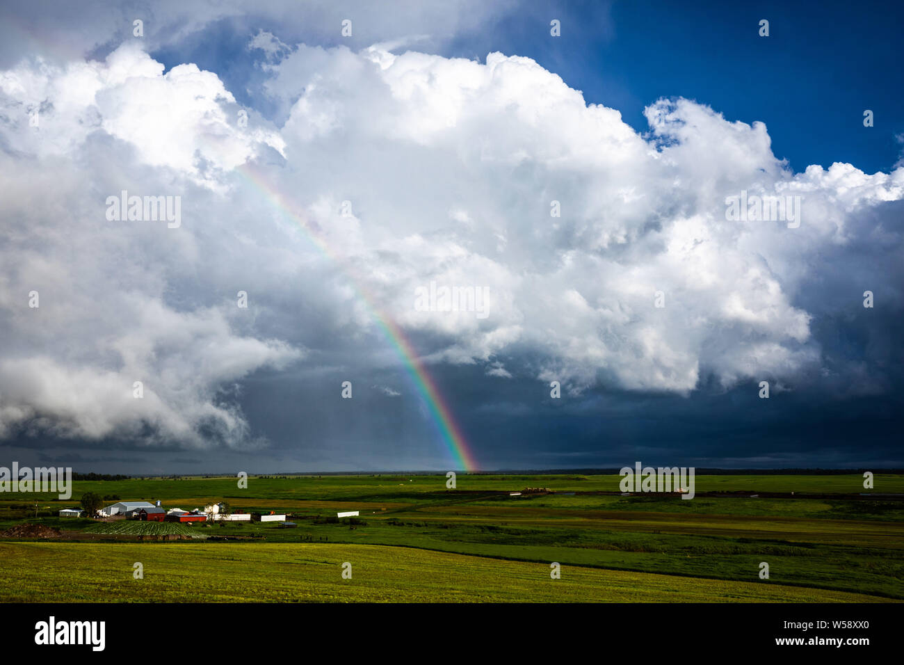 Rainbow and white heavy clouds over farm and green fields Stock Photo ...