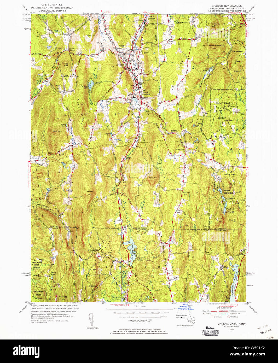 Massachusetts USGS Historical Topo Map MA Monson 350304 1953 24000 ...