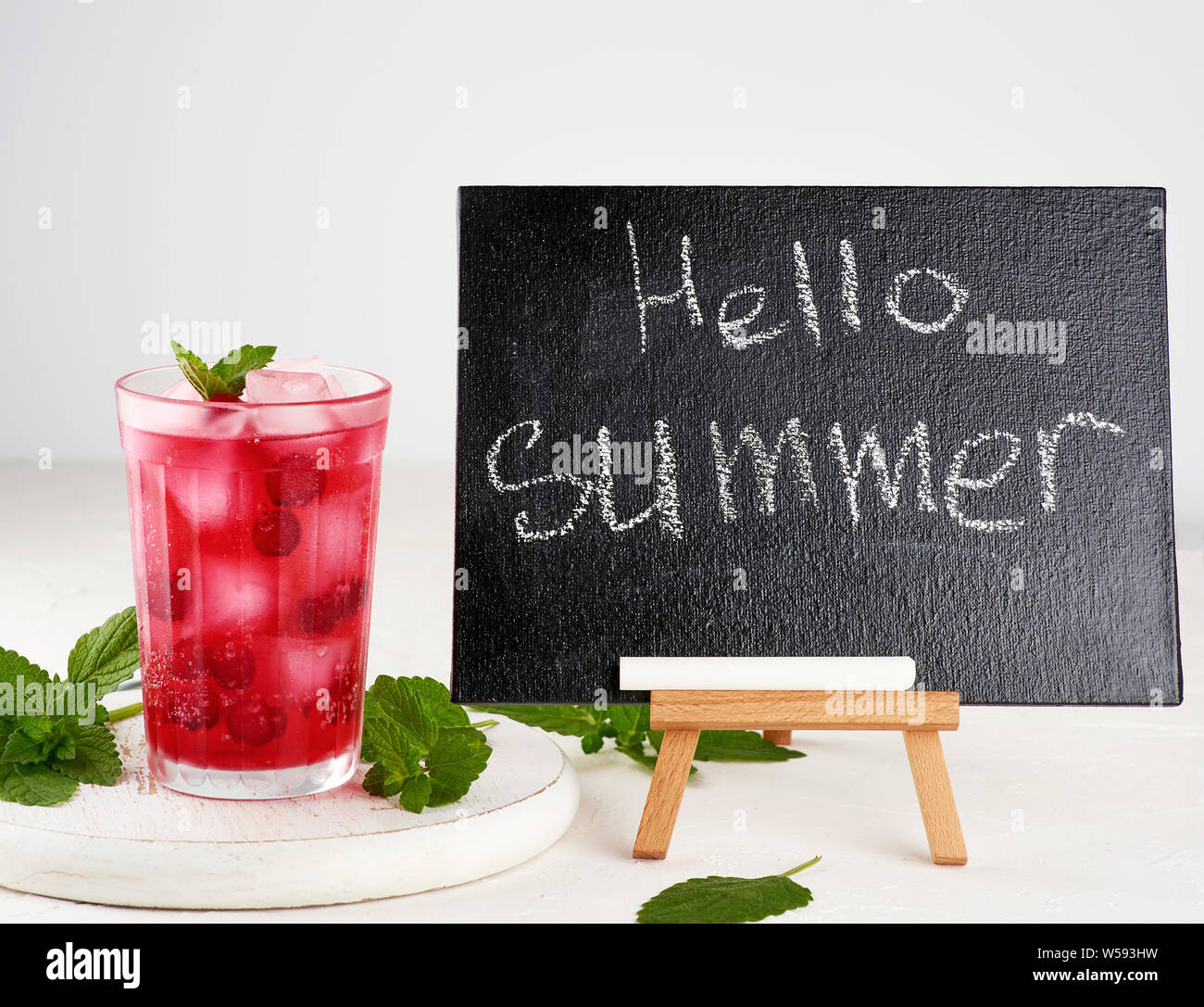 black chalk board for writing a summer drink recipe and a glass with ...