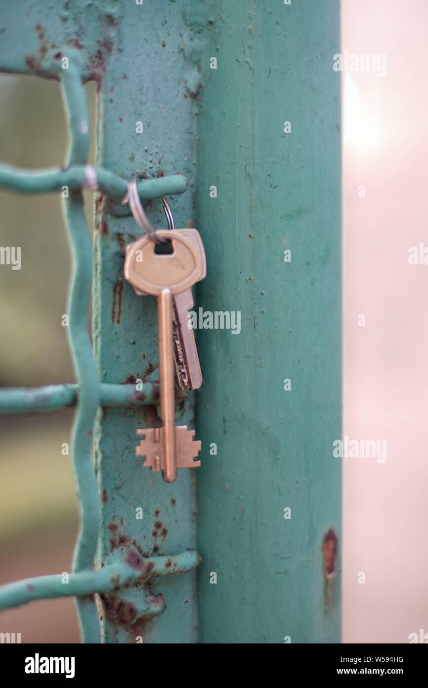 Bunch of two keys hanging on an old iron fence Stock Photo - Alamy