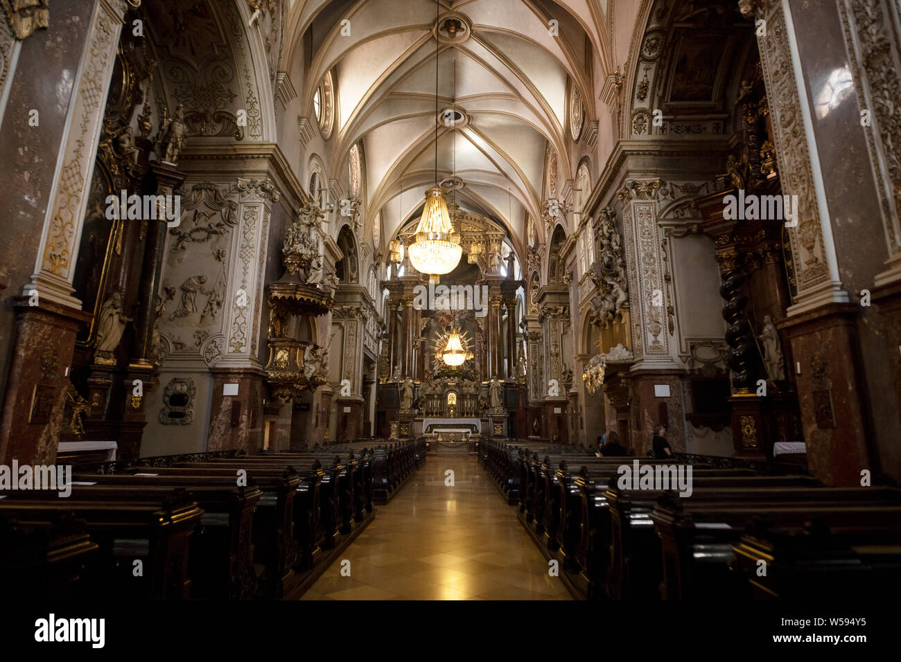 The interior of the Franciscan Church at Franziskanerplatz in Vienna ...