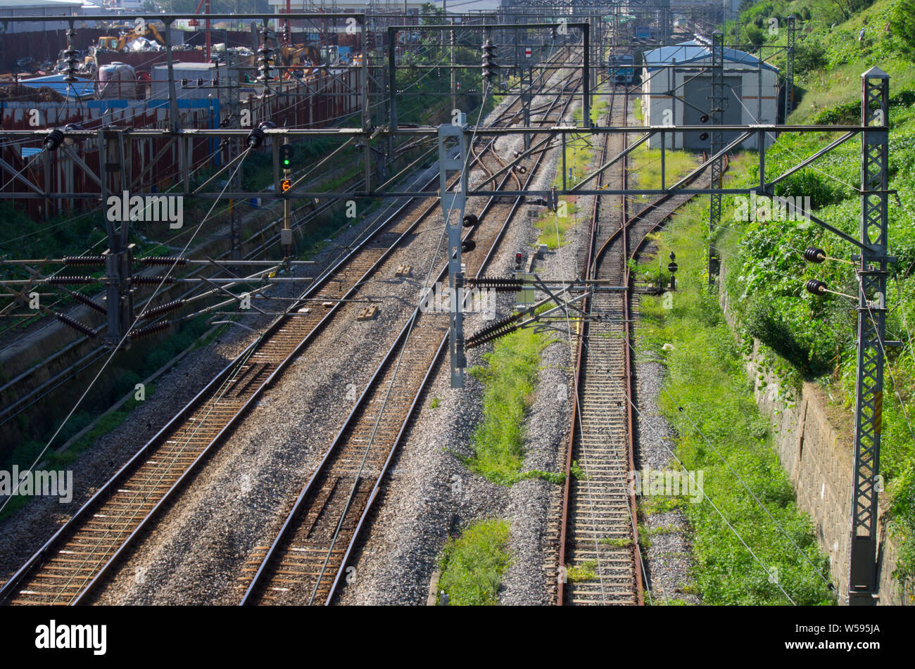 power line pole on the railway Stock Photo - Alamy