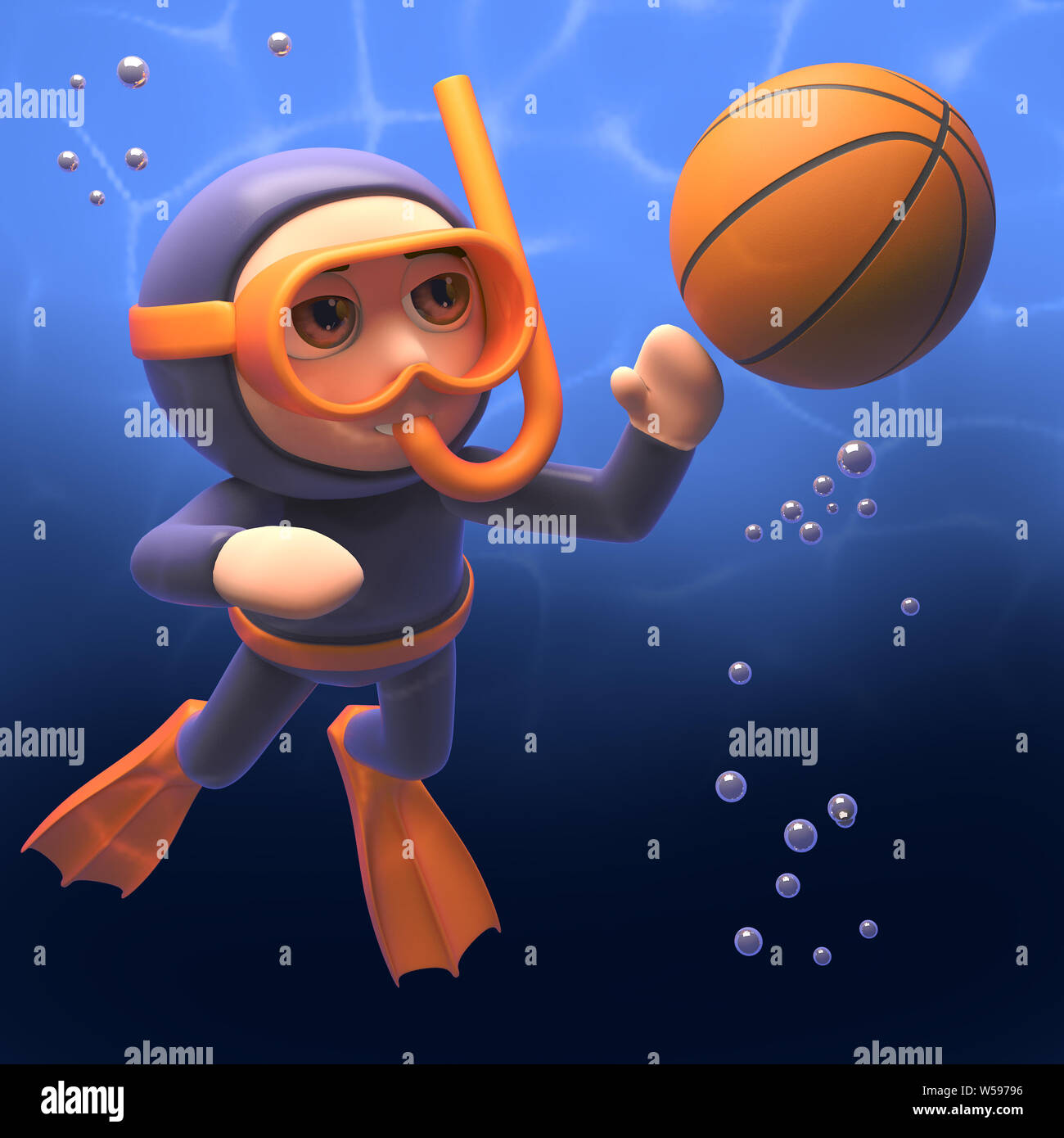 Basketball playing scuba snorkel diver, 3d illustration render Stock ...