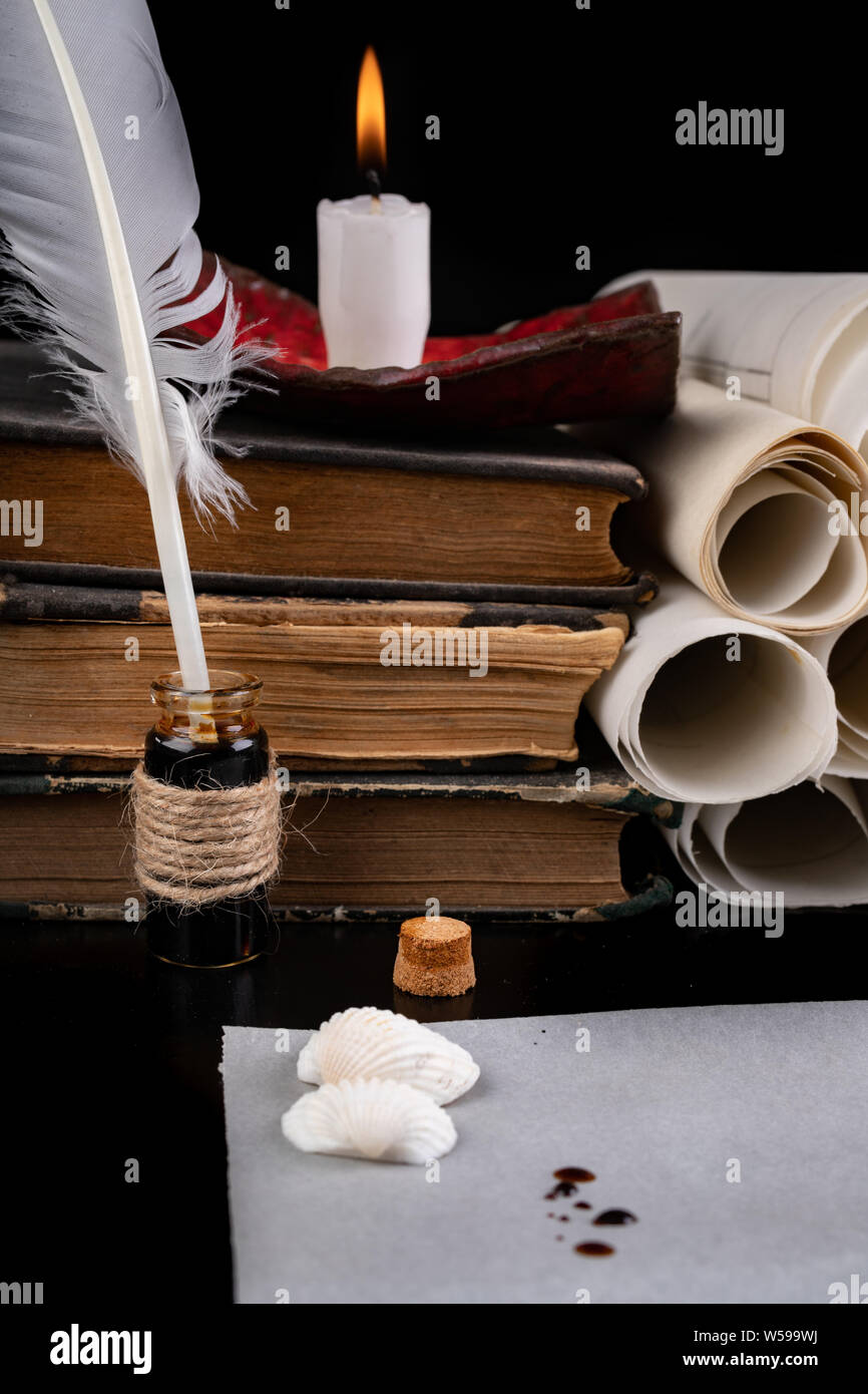 Feathers of birds for writing and calligraphy on old paper. A place for ...