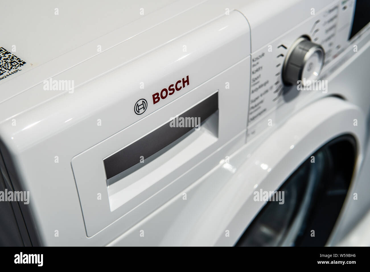 Warsaw, Poland, July 2018 inside Bosch showroom, free-standing white ...