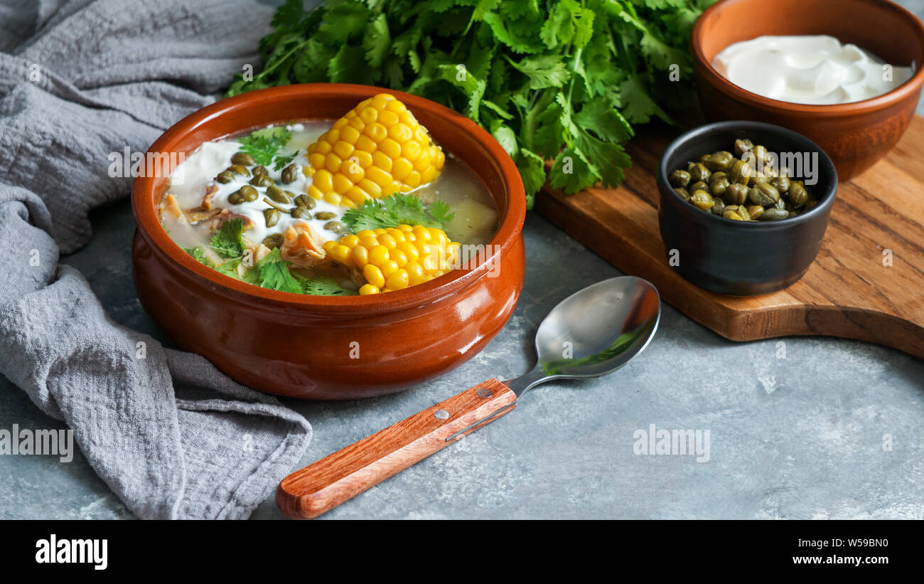Ajiaco Colombiano. patato soup common in Colombia, Cuba and Peru. Latin ...