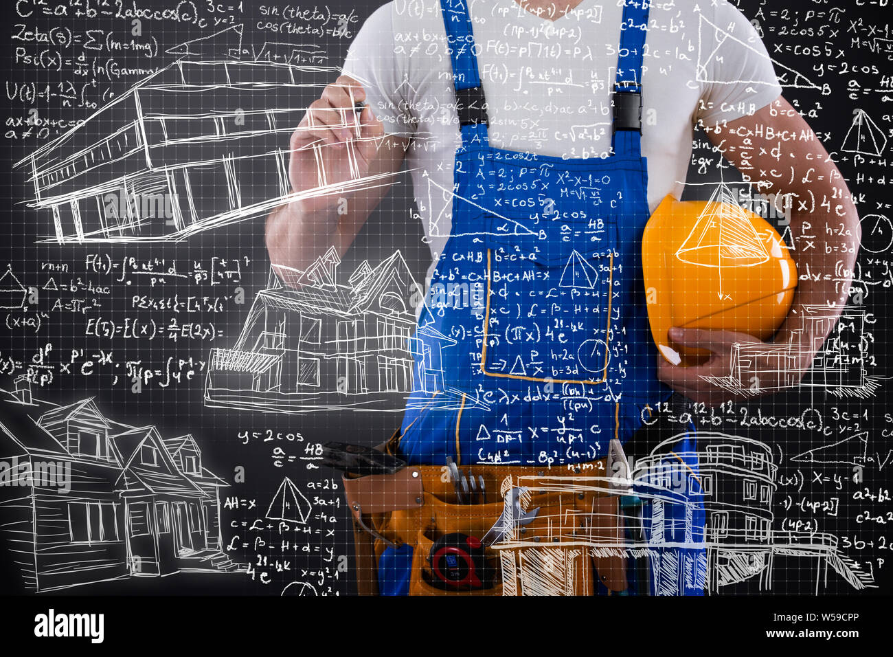 Construction man writing sketch on transparent wall from of him Stock ...