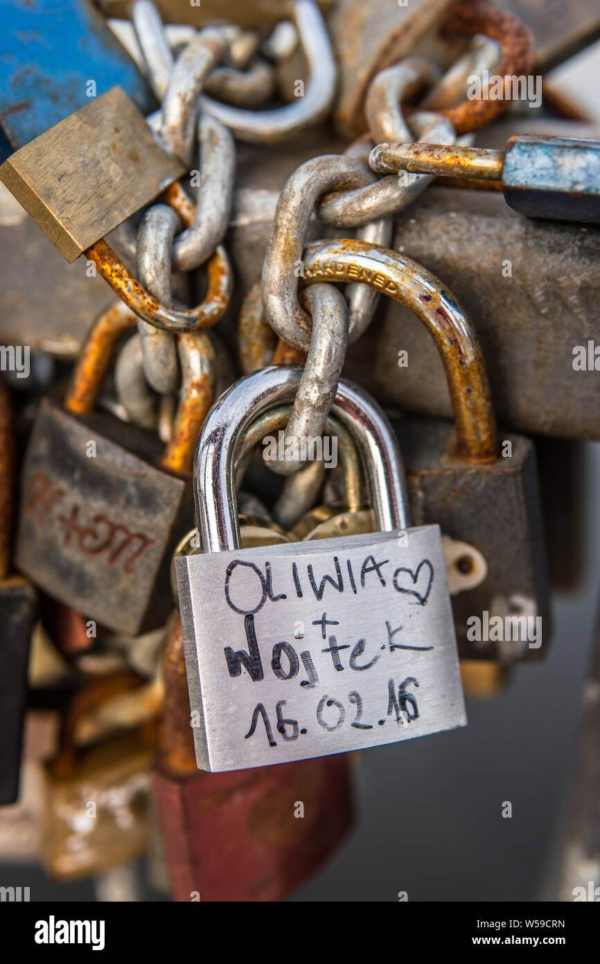 Poznan, Poland, Nov 2017 Padlock of love on Bishop Jordan's Bridge ...