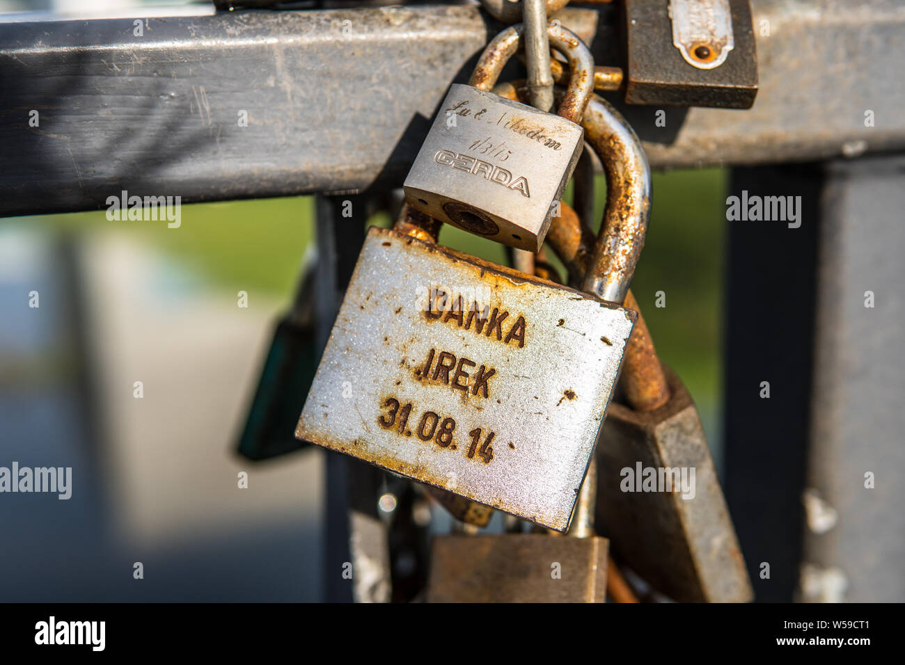 Poznan, Poland, Nov 2017 Padlock of love on Bishop Jordan's Bridge ...