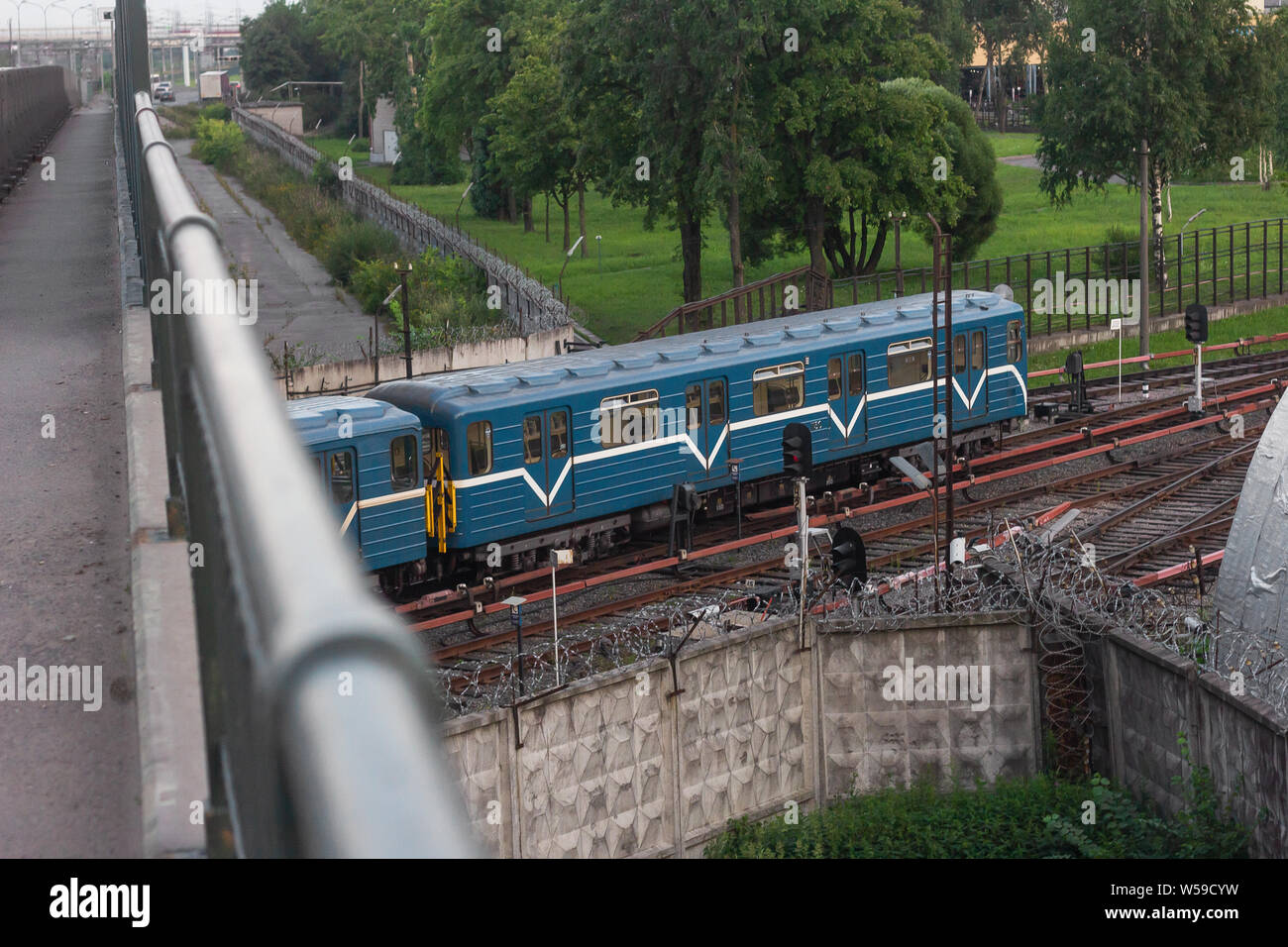 metro train depot transport wagon perspective Stock Photo - Alamy