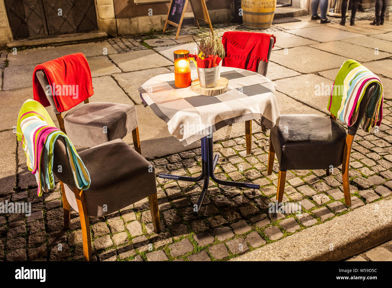 Poznan, Poland, Nov 2017: old Market Square at night, restaurant, bar ...
