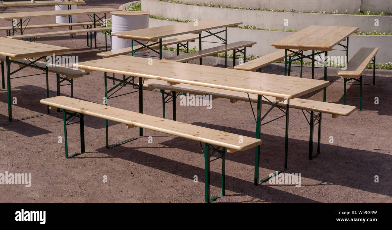 wooden table with benches in park at summer. background, leisure Stock ...