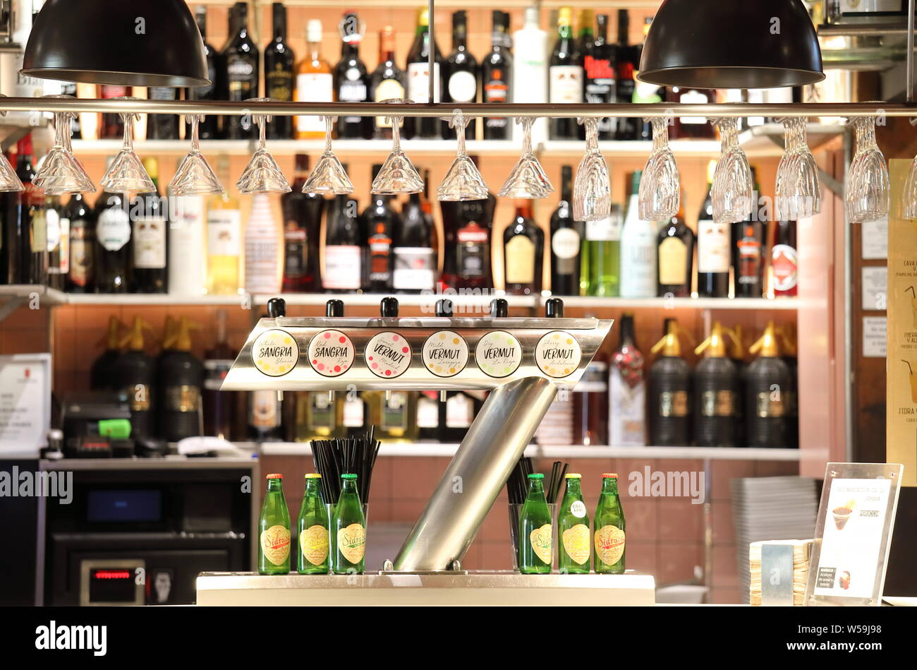 Bar counter at Mercado de San Miguel market Madrid Spain Stock Photo ...
