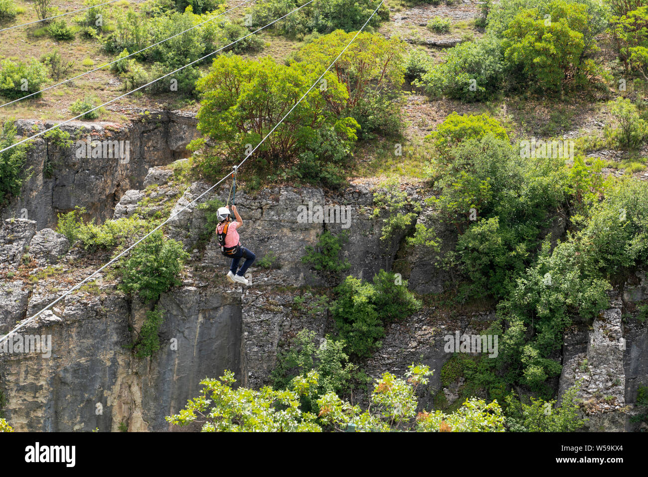 Tourist sliding on a zip line in Incekaya Canyon just near Kristal Cam ...