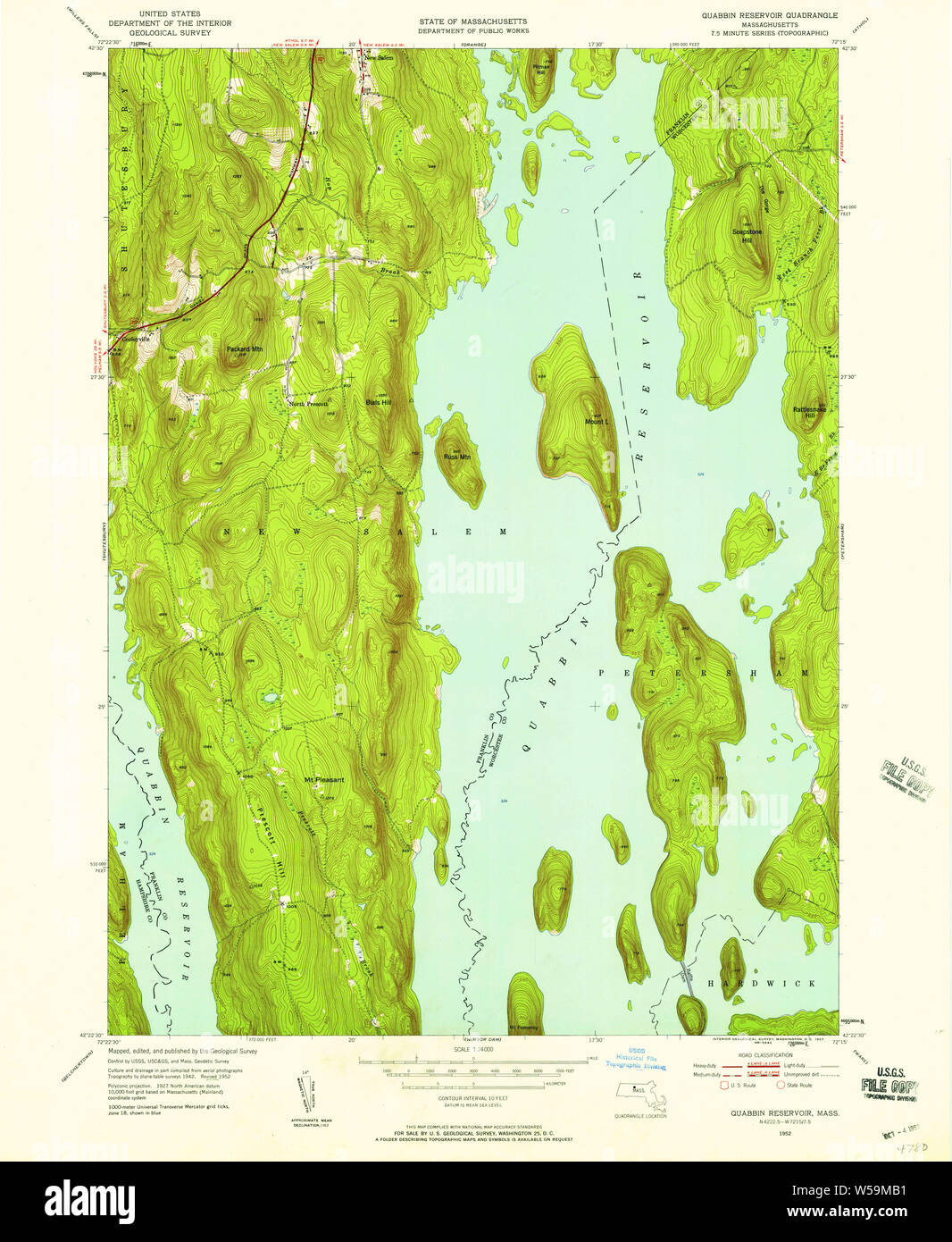 Massachusetts USGS Historical Topo Map MA Quabbin Reservoir 350495 1952 24000 Restoration Stock ...